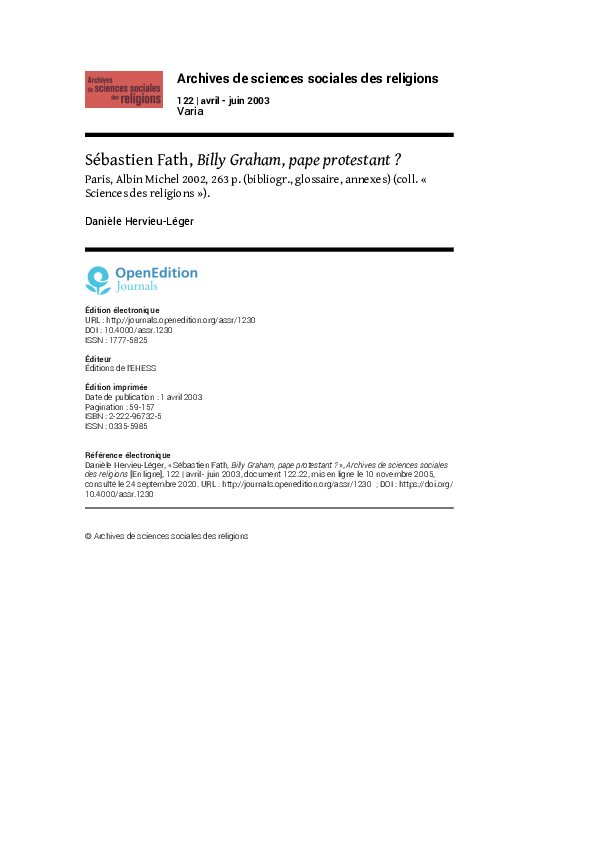 (PDF) Sébastien Fath, Billy Graham, pape protestant