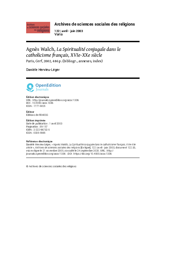 (PDF) Agnès Walch, La Spiritualité conjugale dans le catholicisme ...