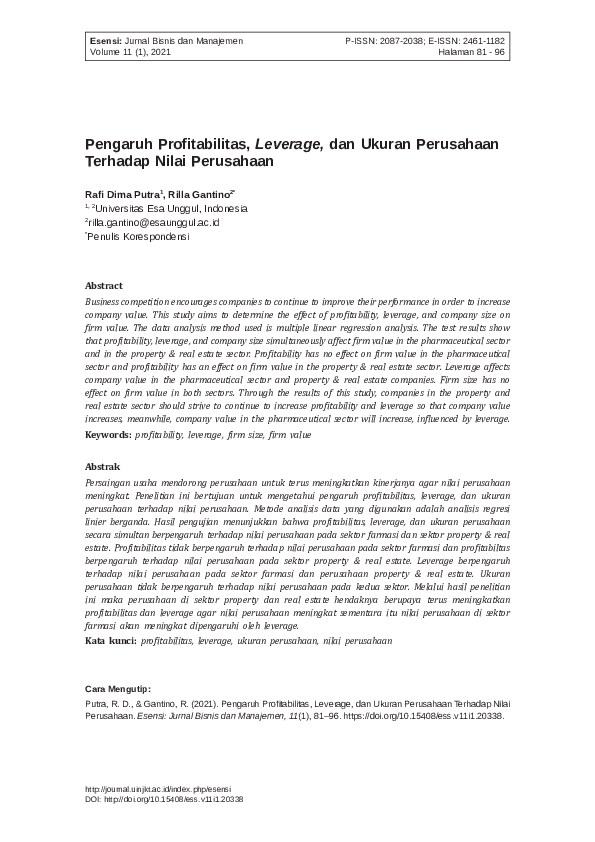 (PDF) Pengaruh Profitabilitas, Leverage, dan Ukuran Perusahaan Terhadap Nilai Perusahaan