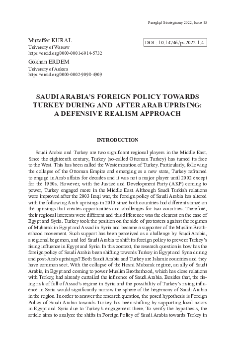 (PDF) Saudi Arabia’s Foreign Policy Towards Turkey During and After Arab Uprising: A Defensive ...