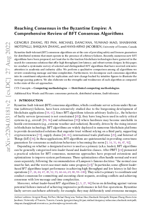 (PDF) Reaching Consensus in the Byzantine Empire: A Comprehensive Review of BFT Consensus Algorithms