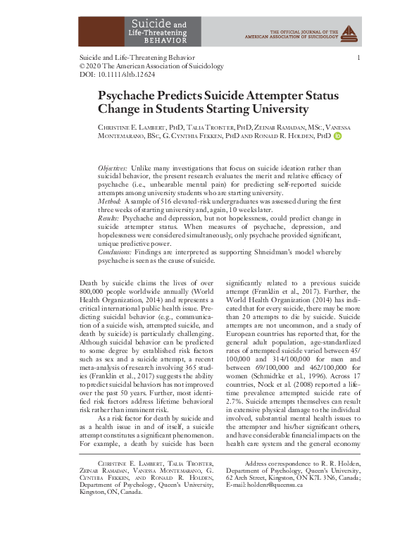 (PDF) Psychache Predicts Suicide Attempter Status Change in Students ...