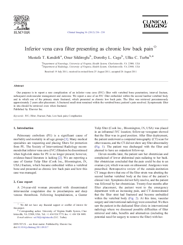 (PDF) Inferior vena cava filter presenting as chronic low back pain