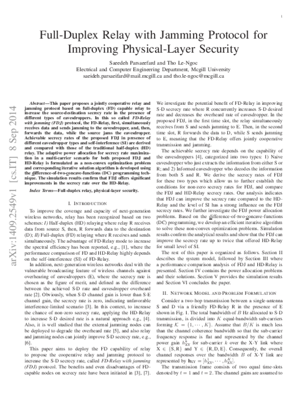 (PDF) Full-duplex relay with jamming protocol for improving physical-layer security