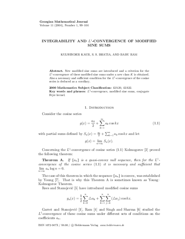 (PDF) Integrability and L 1-Convergence of Modified Sine Sums