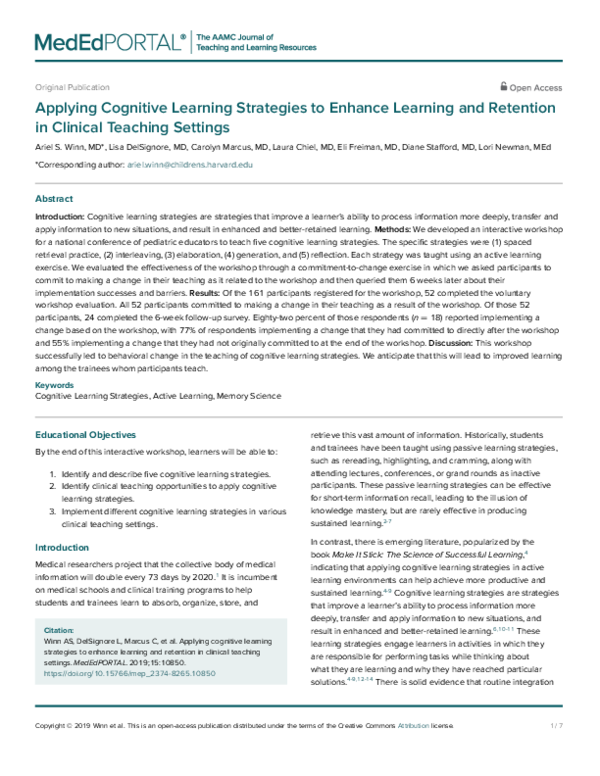 (PDF) Applying Cognitive Learning Strategies to Enhance Learning and Retention in Clinical ...