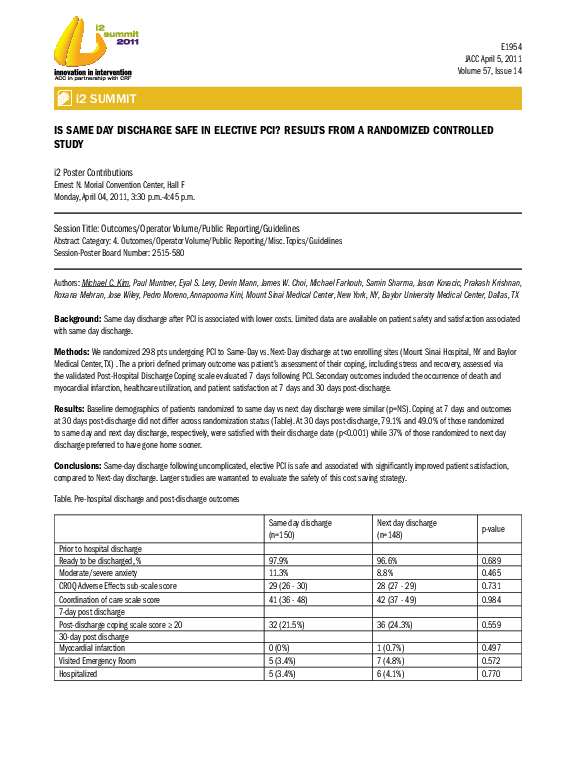 (PDF) Is Same Day Discharge Safe in Elective Pci? Results from a ...