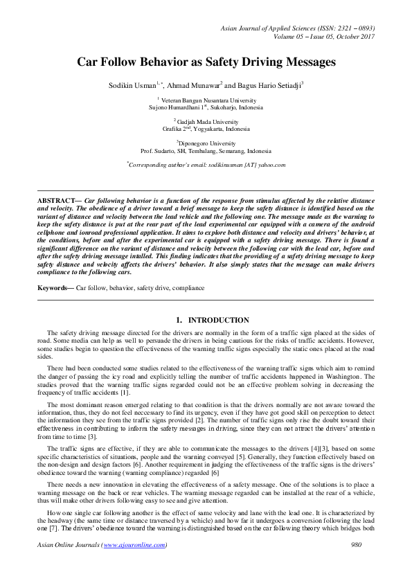 (PDF) Car Follow Behavior as Safety Driving Messages