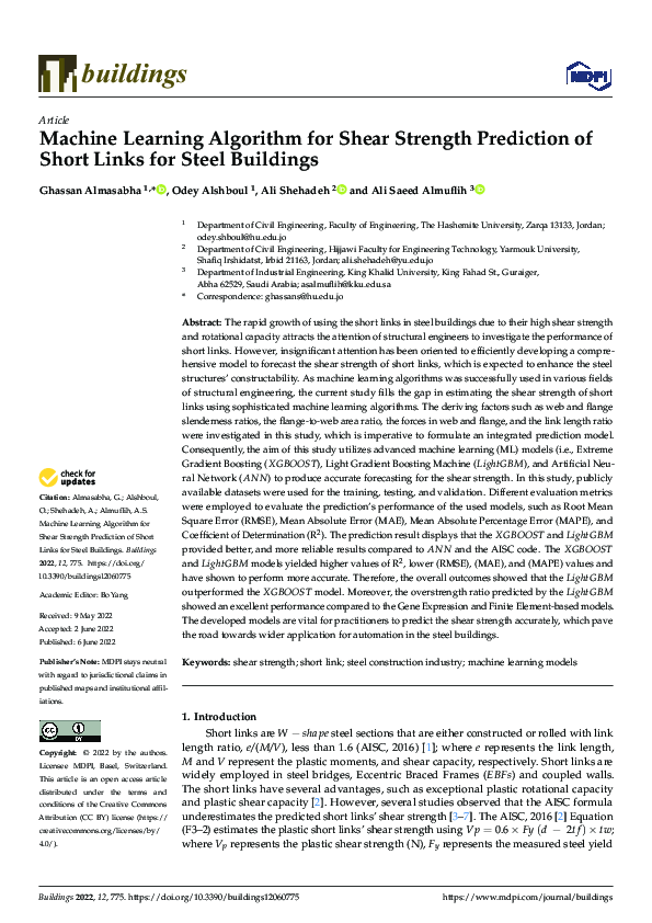 (PDF) Machine Learning Algorithm for Shear Strength Prediction of Short ...