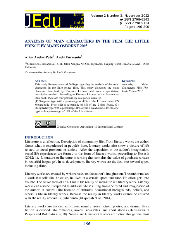 (PDF) Analysis Of Main Characters in the Film The Little Prince by Mark ...