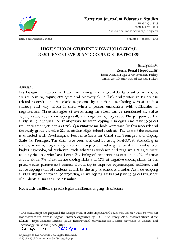 (PDF) High School Students' Psychological Resilience Levels And Coping Strategies