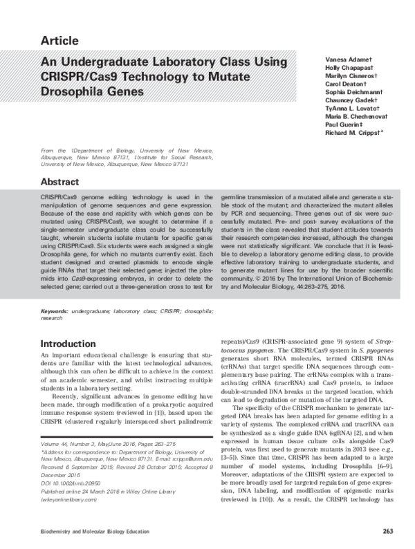 (PDF) An undergraduate laboratory class using CRISPR/Cas9 technology to ...