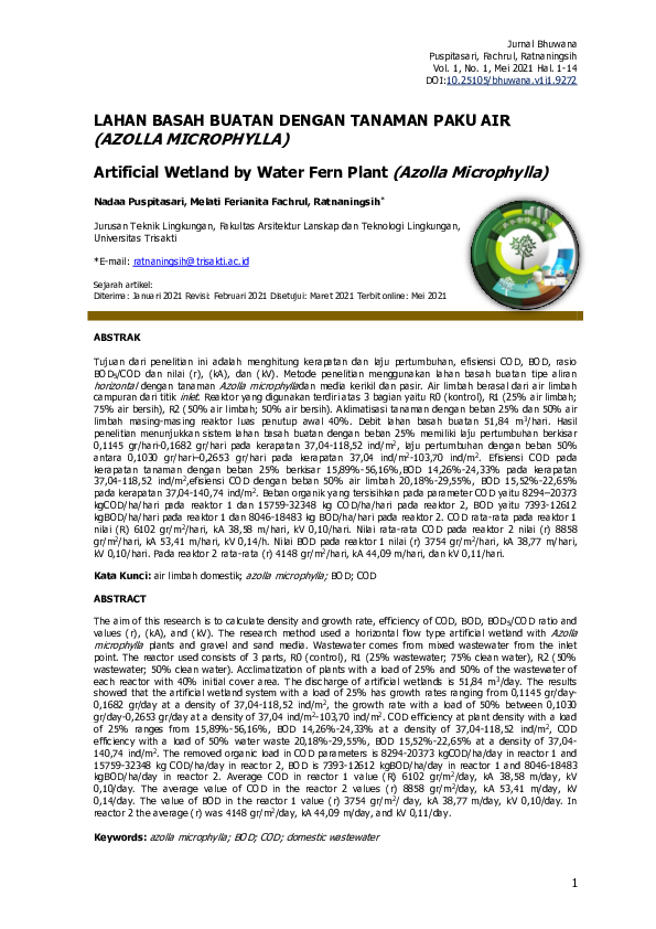 (PDF) Lahan Basah Buatan dengan Tanaman Paku Air (Azolla Microphylla) | MELATI FACHRUL ...