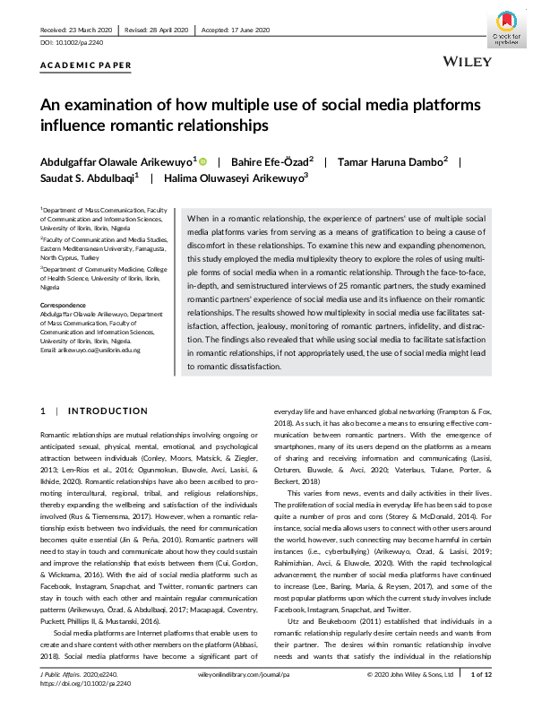Pdf An Examination Of How Multiple Use Of Social Media Platforms Influence Romantic Relationships