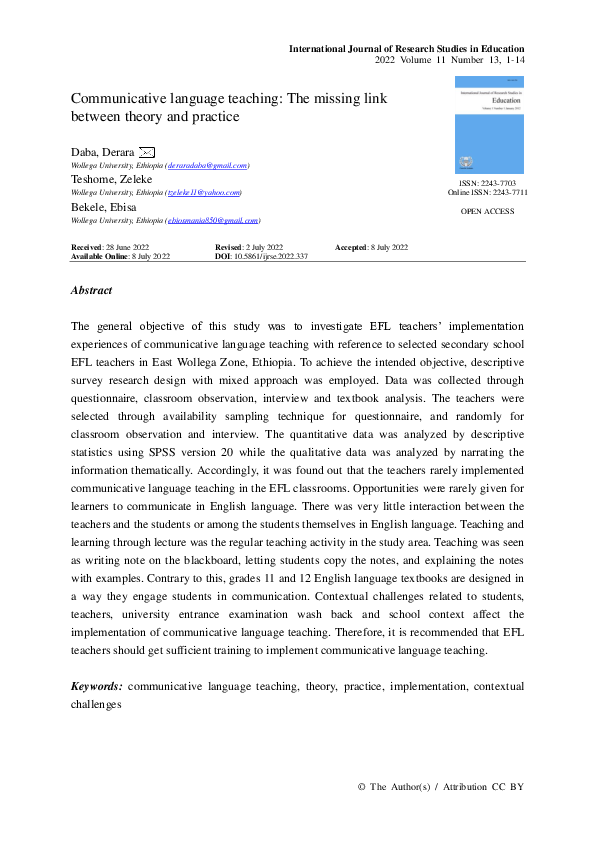 (PDF) Communicative language teaching: The missing link between theory and practice