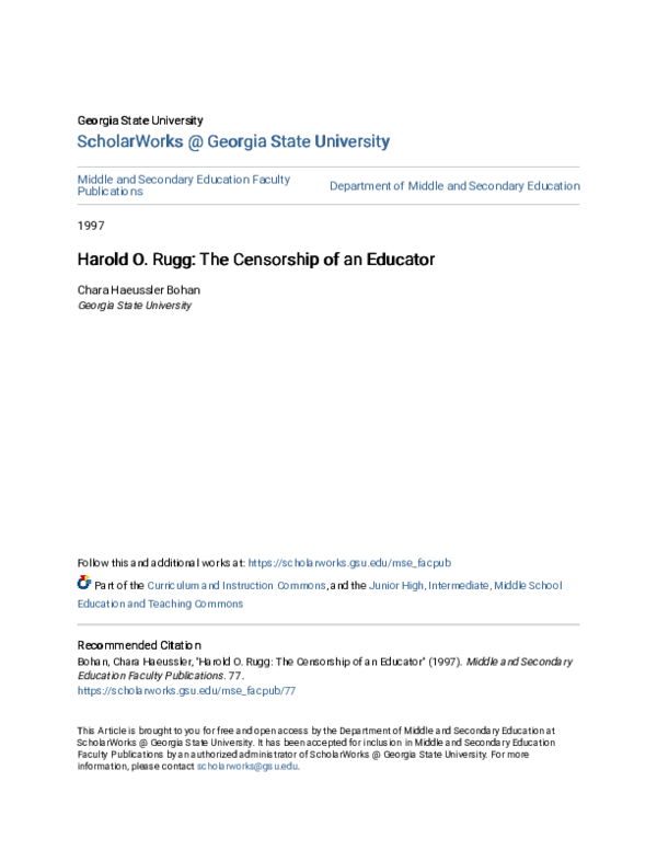 (PDF) Harold O. Rugg: The Censorship of an Educator | Chara Bohan ...