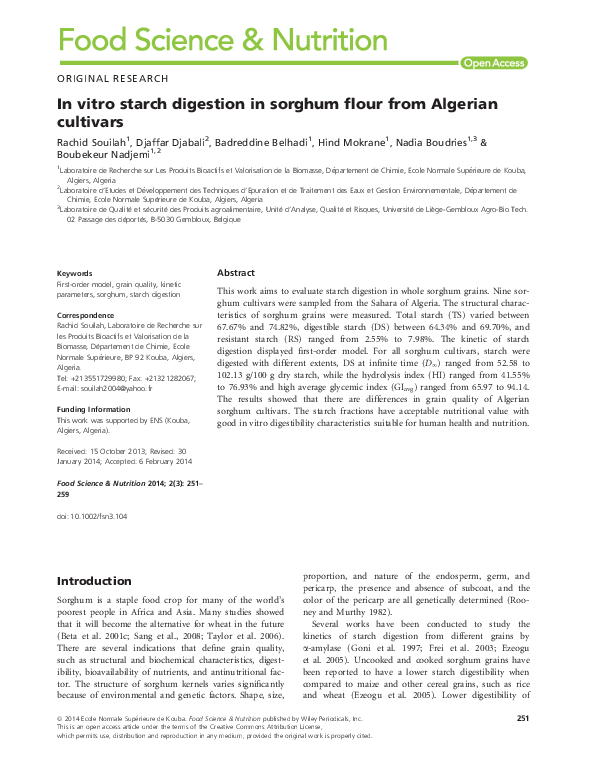 (PDF) In vitro starch digestion in sorghum flour from Algerian cultivars