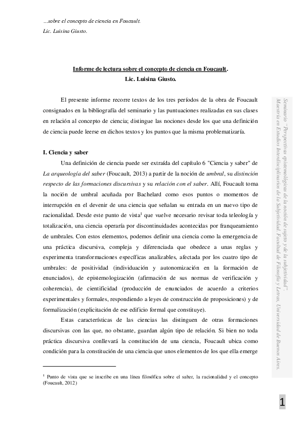 (PDF) GIUSTO. Sobre el concepto de ciencia en Foucault. PENSS.MEIS.FFyL.UBA