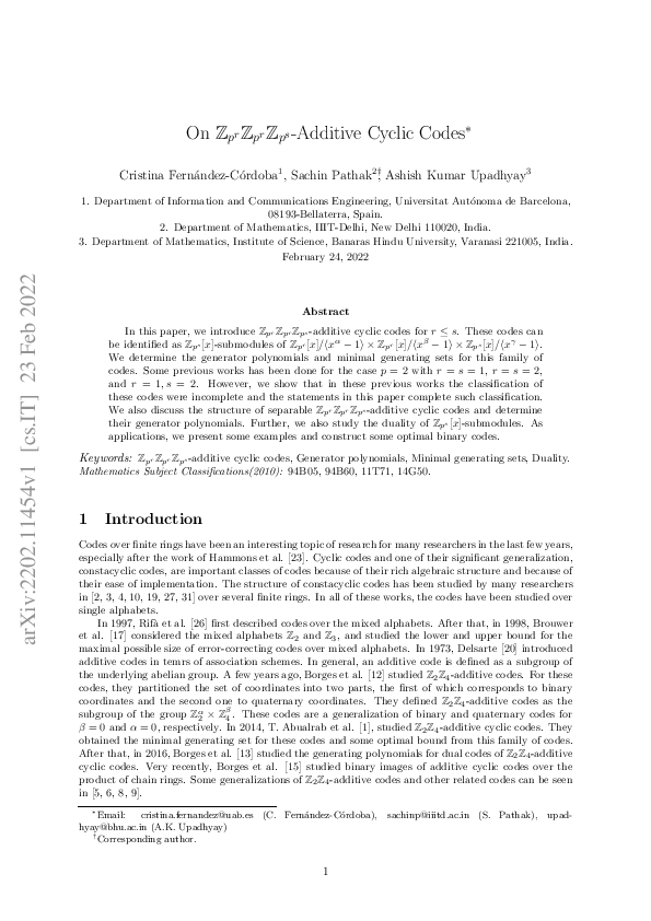 (PDF) On $Z_{p^r}Z_{p^r}Z_{p^s}$-Additive Cyclic Codes