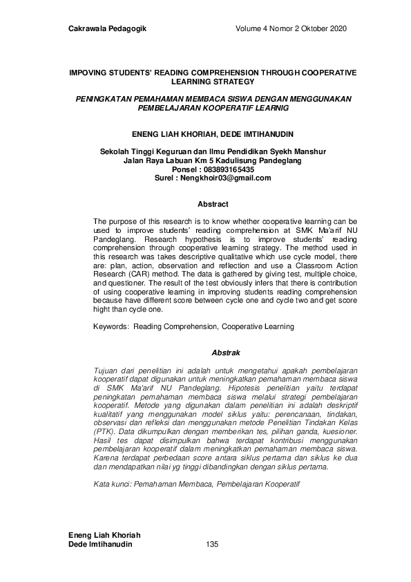 (PDF) Impoving Students’ Reading Comprehension Through Cooperative Learning Strategy