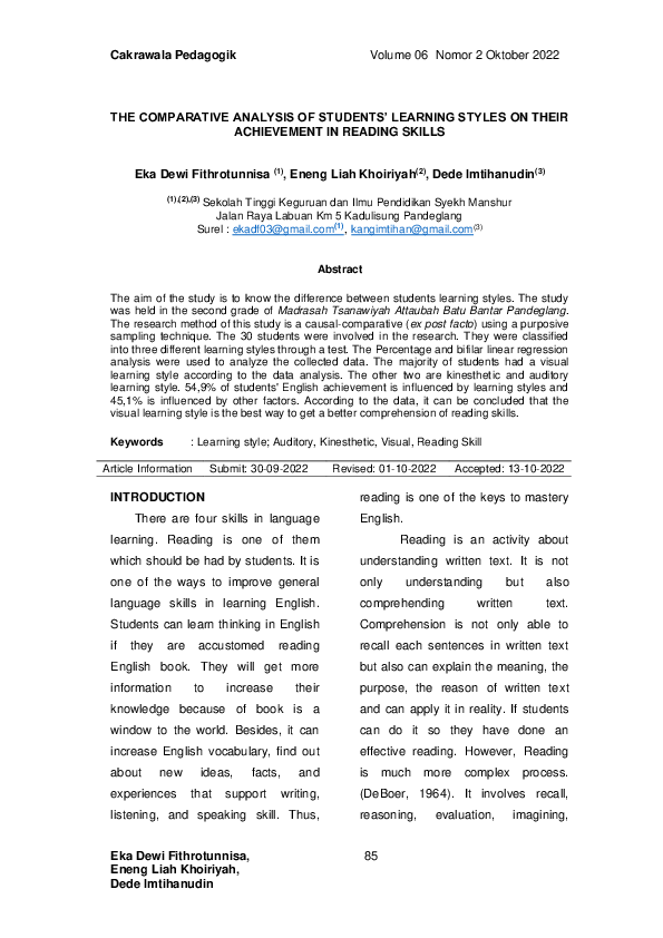 (PDF) The Comparative Analysis of Students’ Learning Styles on Their Achievement in Reading Skills