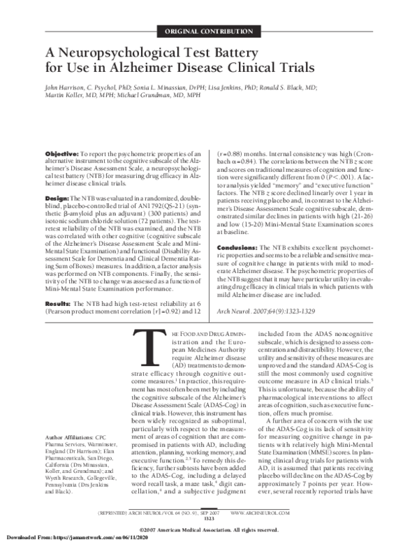 (PDF) A Neuropsychological Test Battery for Use in Alzheimer Disease ...