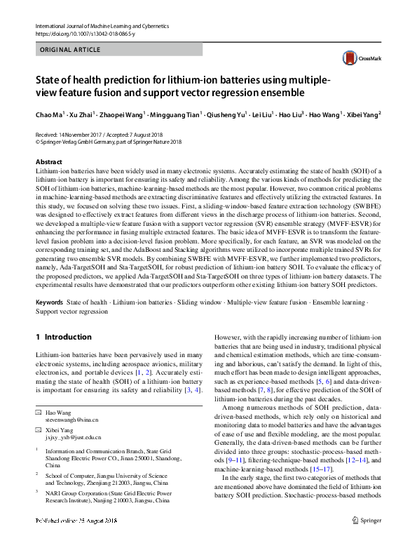 Pdf State Of Health Prediction For Lithium Ion Batteries Using Multiple View Feature Fusion