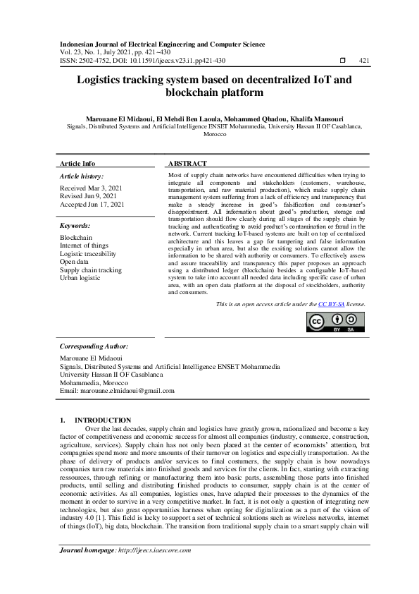(PDF) Logistics tracking system based on decentralized IoT and blockchain platform