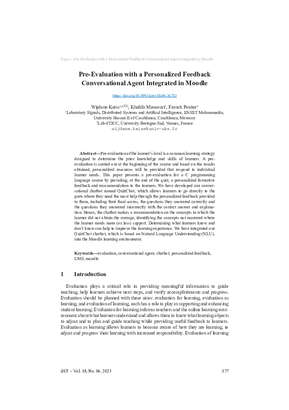 (PDF) Pre-Evaluation with a Personalized Feedback Conversational Agent Integrated in Moodle