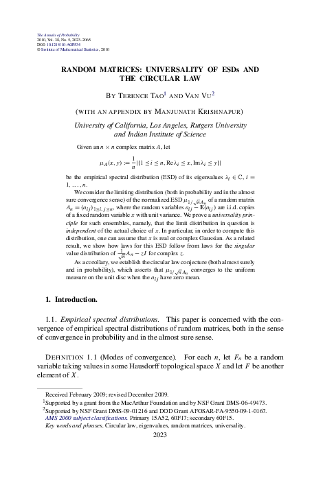 (PDF) Random matrices: Universality of ESDs and the circular law