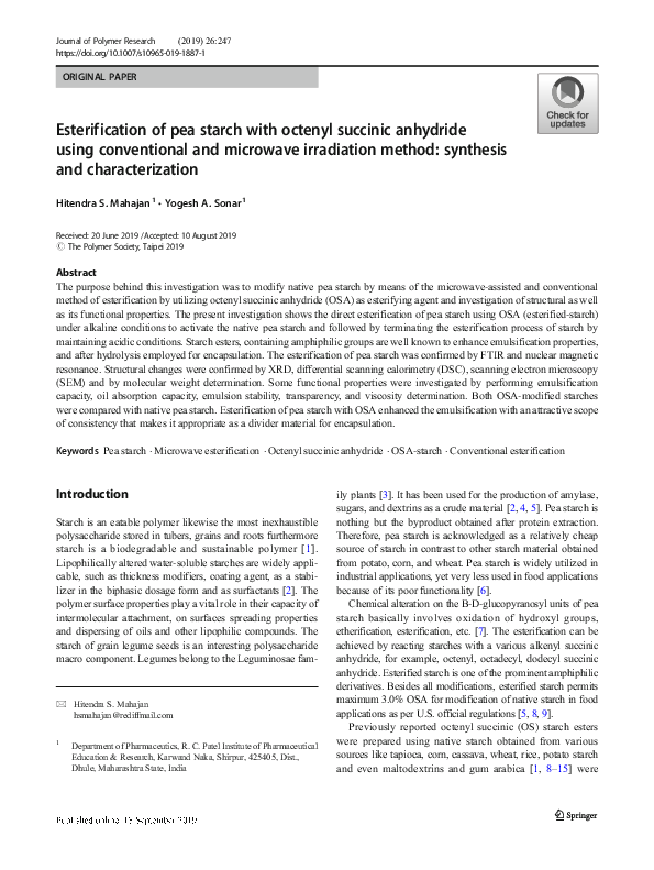 (PDF) Esterification of pea starch with octenyl succinic anhydride using conventional and ...