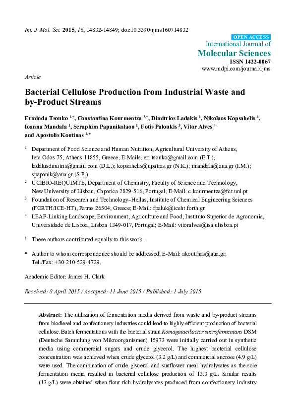 (PDF) Bacterial Cellulose Production from Industrial Waste and by ...