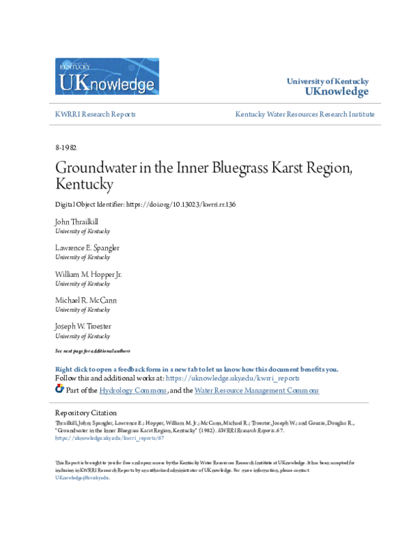 (PDF) Groundwater in the Inner Bluegrass Karst Region, Kentucky