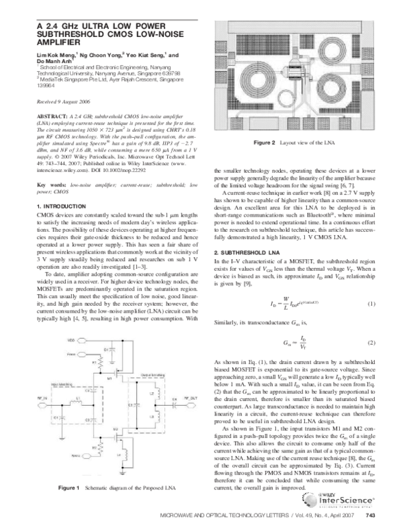 (PDF) A 2.4 GHz ultra low power subthreshold CMOS low-noise amplifier