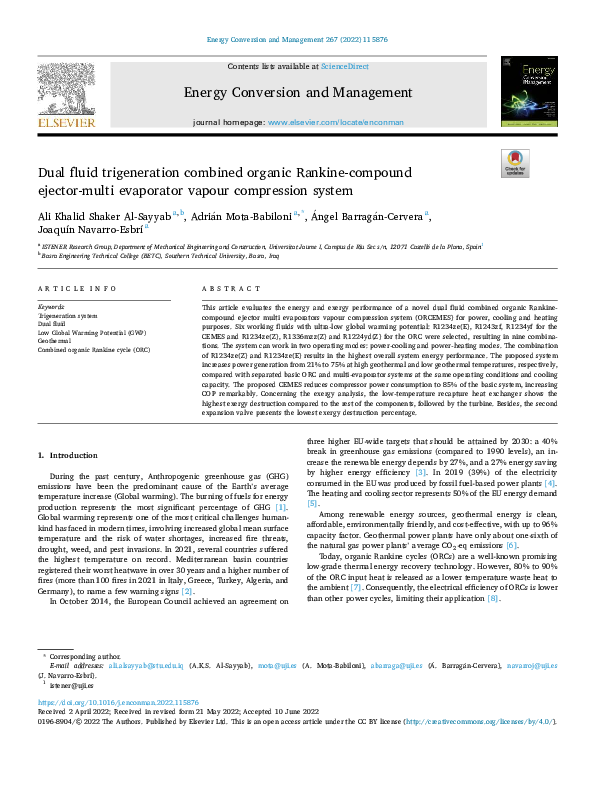(PDF) Dual fluid trigeneration combined organic Rankine-compound ...
