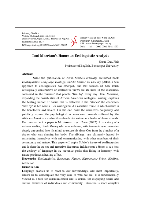 (PDF) Toni Morrison's Home: an Ecolingustic Analysis