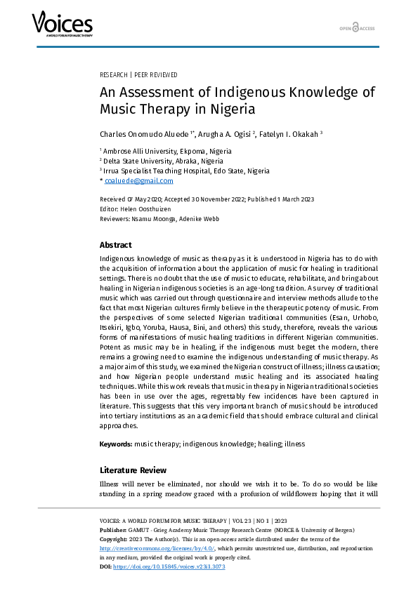(PDF) An Assessment of Indigenous Knowledge of Music Therapy in Nigeria