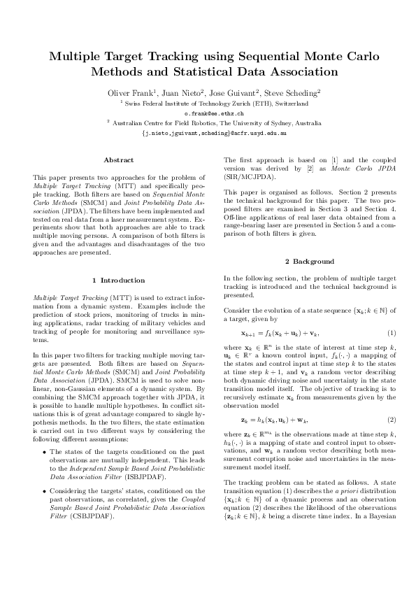 (PDF) Multiple target tracking using sequential monte carlo methods and statistical data association