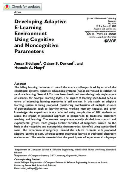 (PDF) Developing Adaptive E-Learning Environment Using Cognitive and Noncognitive Parameters