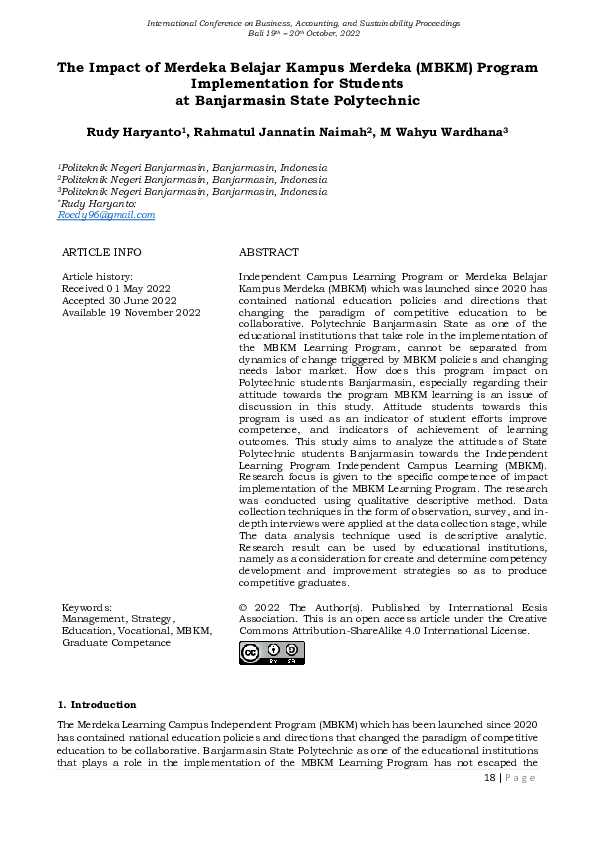 (PDF) The Impact of Merdeka Belajar Kampus Merdeka (MBKM) Program Implementation for Students at ...