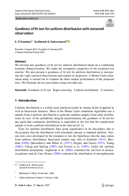 Pdf Goodness Of Fit Test For Uniform Distribution With Censored Observation Sudheesh