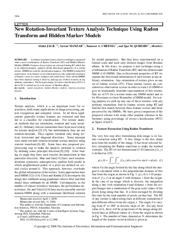 Pdf New Rotation Invariant Texture Analysis Technique Using Radon Transform And Hidden Markov