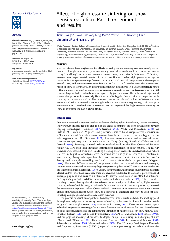 (PDF) Effect of high-pressure sintering on snow density evolution ...