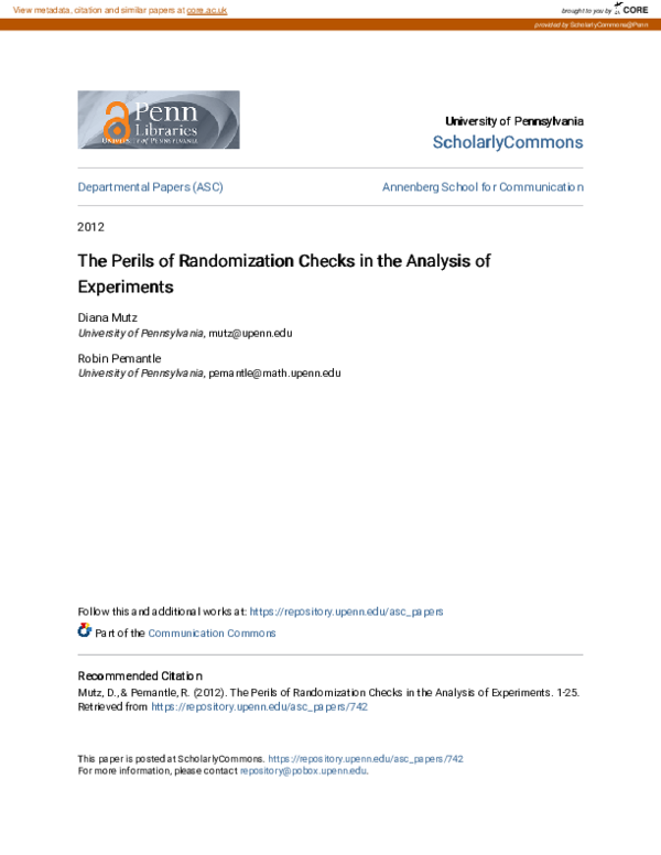 Pdf The Perils Of Randomization Checks In The Analysis Of Experiments Diana Mutz