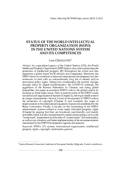 (PDF) Status of the World Intellectual Property Organization (WIPO) in the United Nations System ...