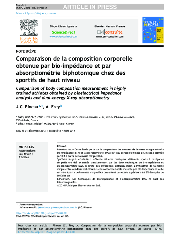 (PDF) Comparaison de la composition corporelle obtenue par bio ...