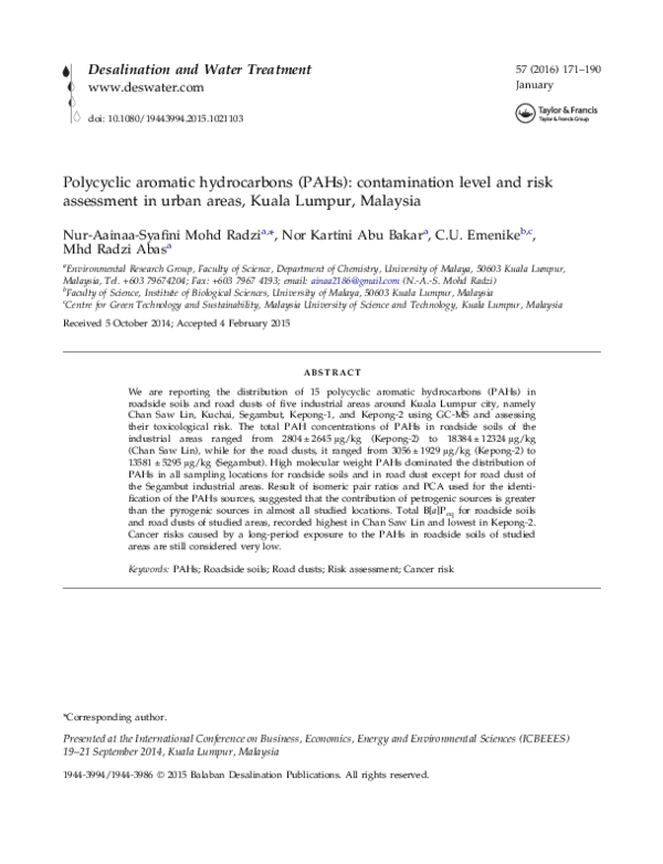 (PDF) Polycyclic aromatic hydrocarbons (PAHs): contamination level and risk assessment in urban ...