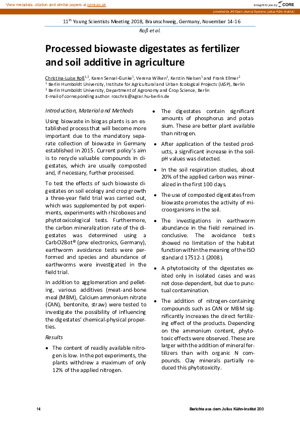 (PDF) Processed biowaste digestates as fertilizer and soil additive in ...