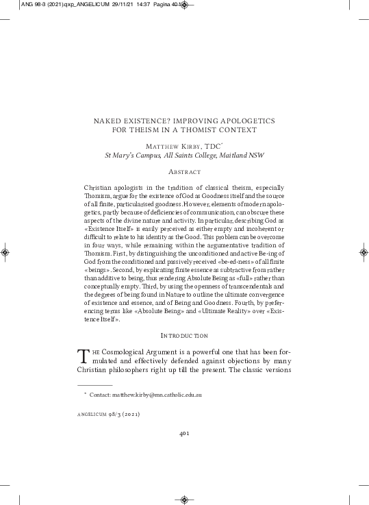 (PDF) NAKED EXISTENCE? IMPROVING APOLOGETICS FOR THEISM IN A THOMIST CONTEXT
