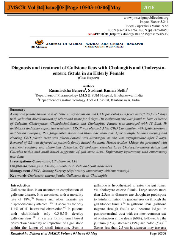 (PDF) Diagnosis and treatment of Gallstone ileus with Cholangitis and ...